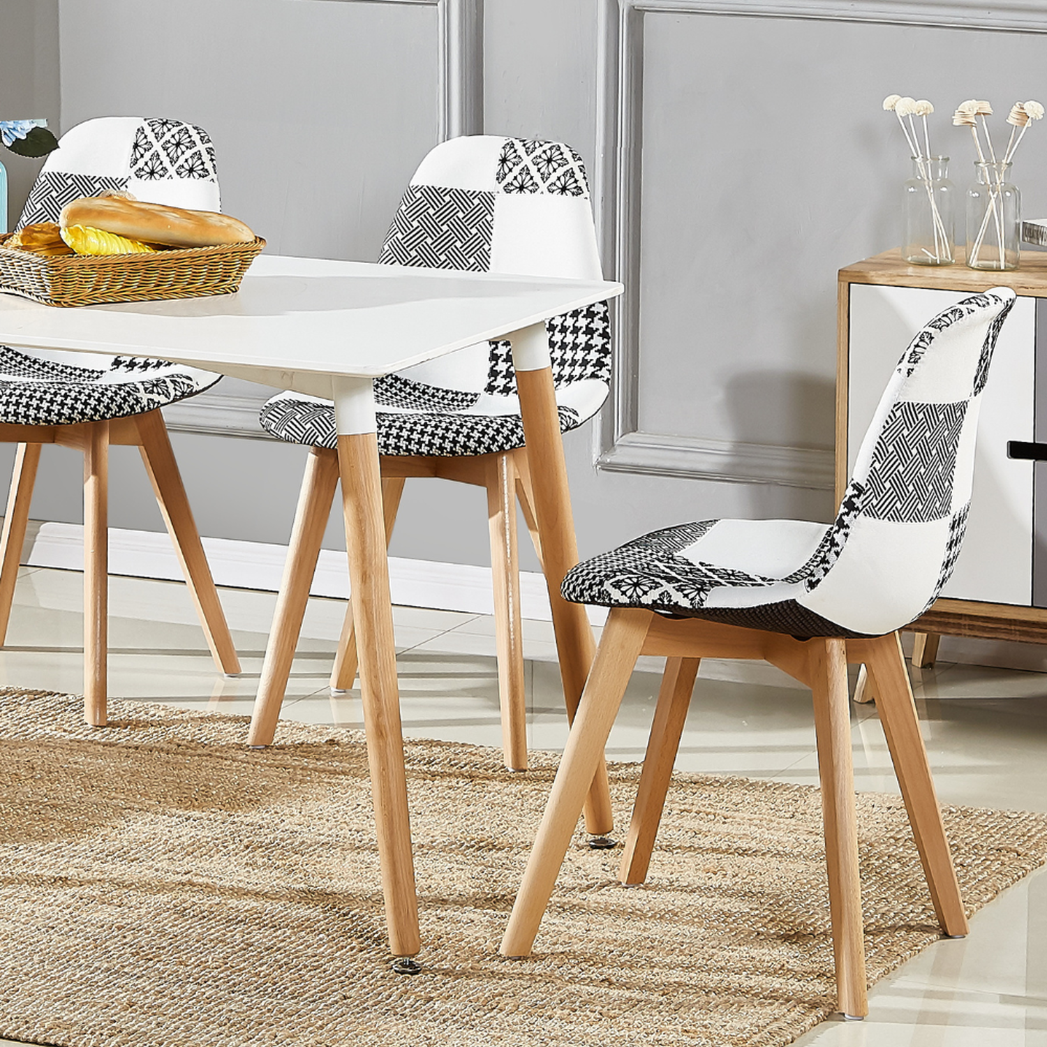 Set of 2 Chrono Patchwork Dining Chair for Dining Room Black and White