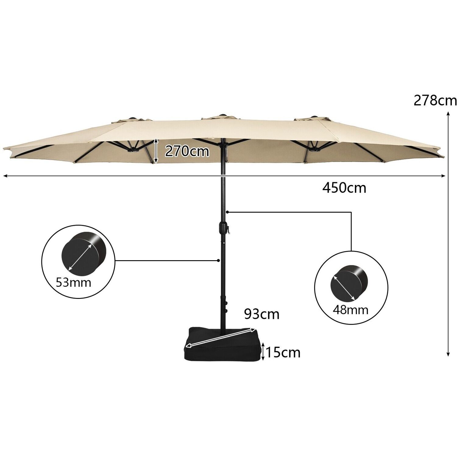 12-Rib Twin Extra-Large Sun Parasol with Base