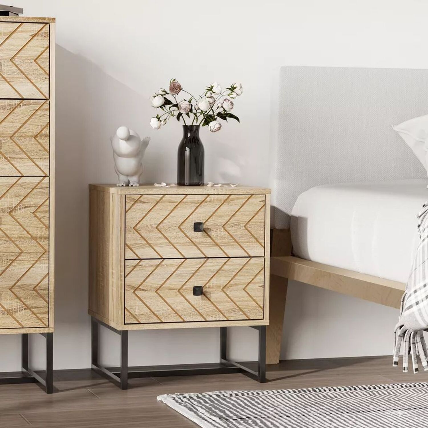 Natural Chevon Bedside Table with Drawers