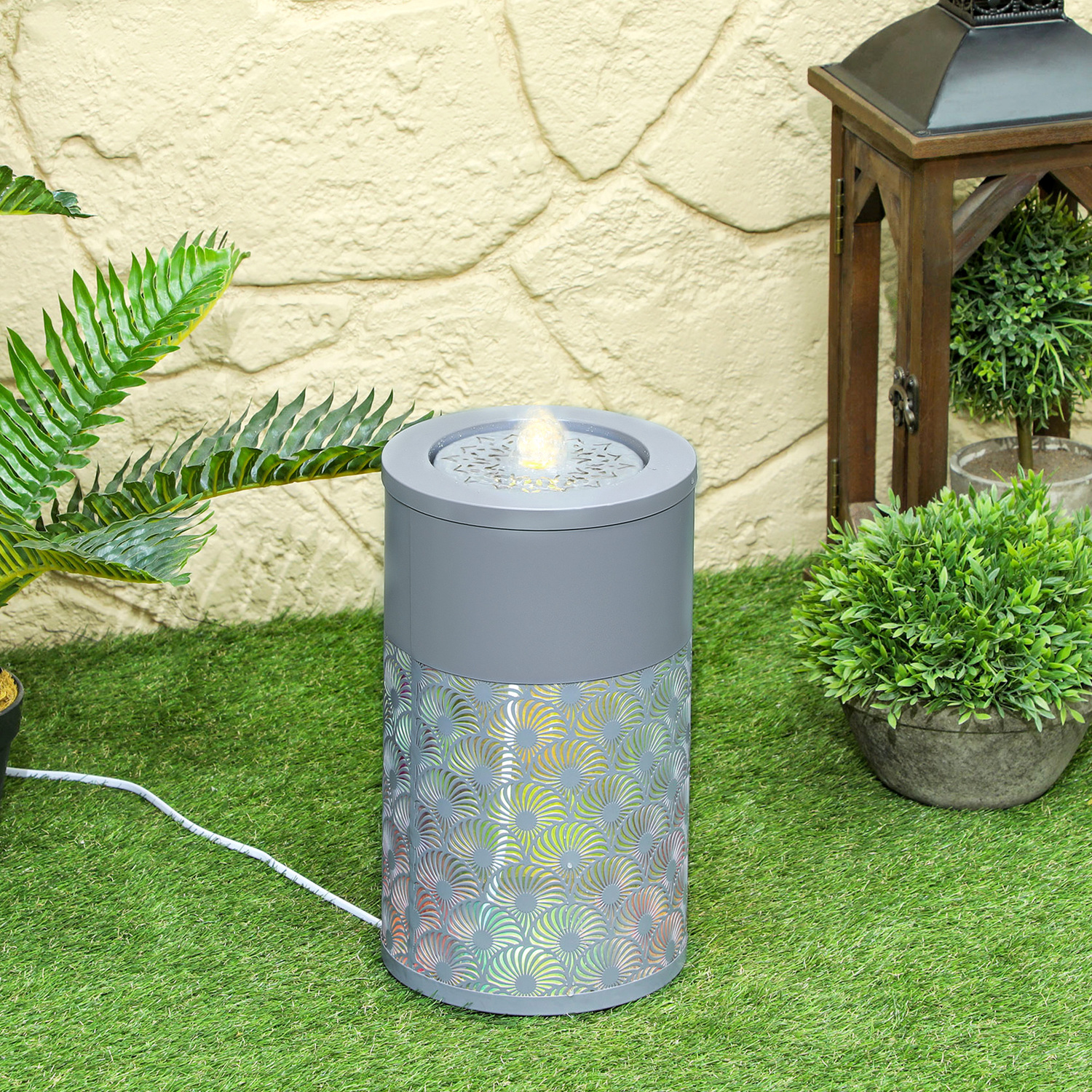 Outsunny Waterfall Fountain with LED Lights and Cut-out Design