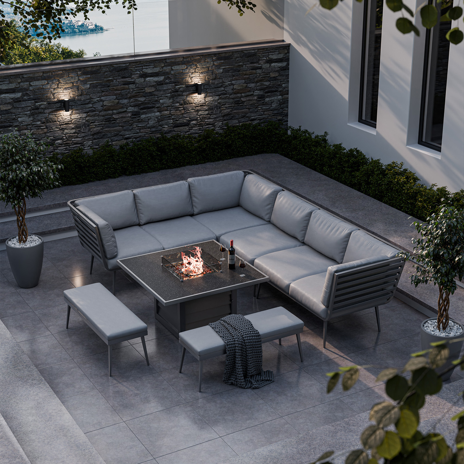Mayfair Corner Lounging Set with Fire Pit Grey