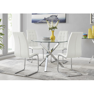 Selina Chrome Round Glass Dining Table With Four Murano Chairs Set