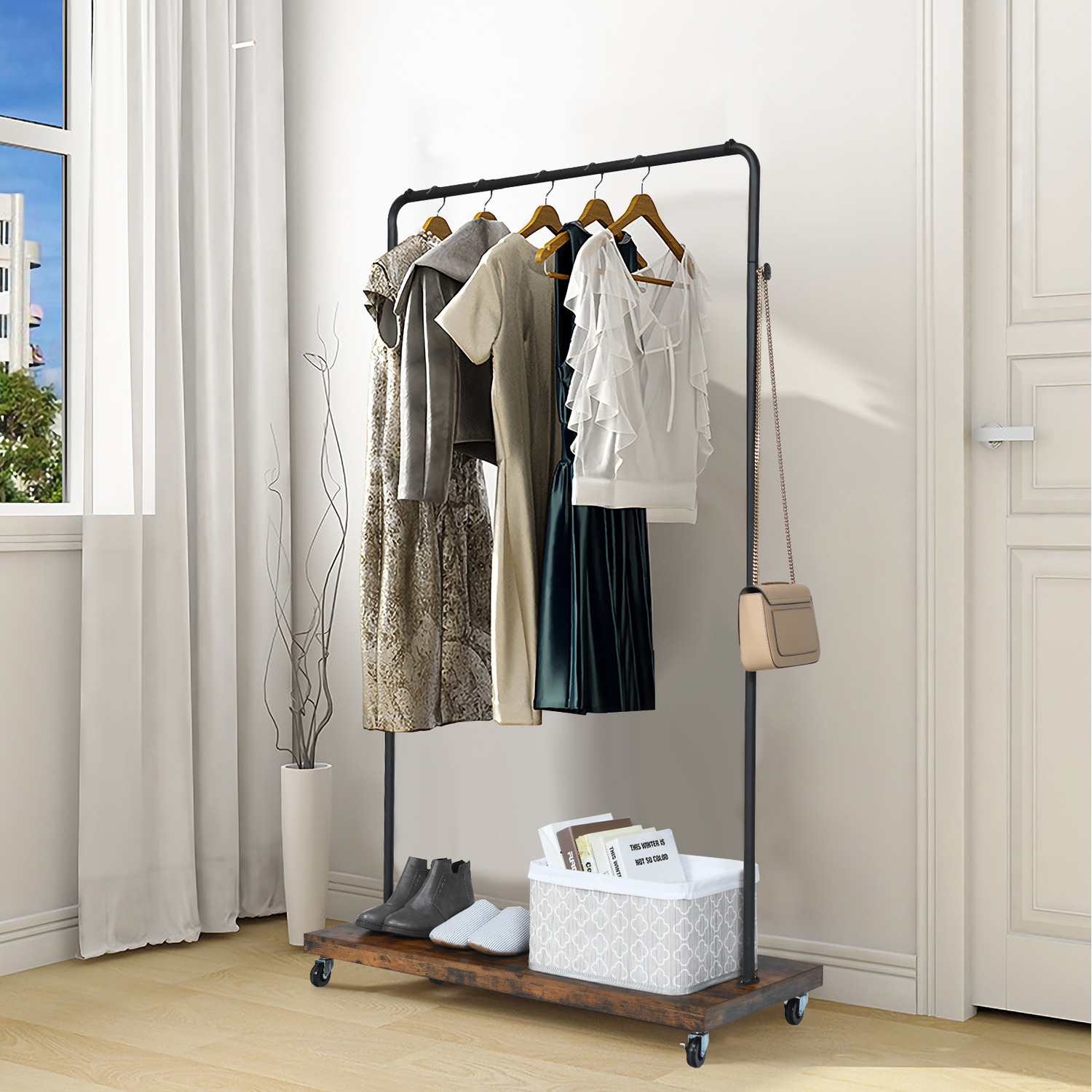 Costway Wood Shelf Industrial Clothes Rack-Brown and Black