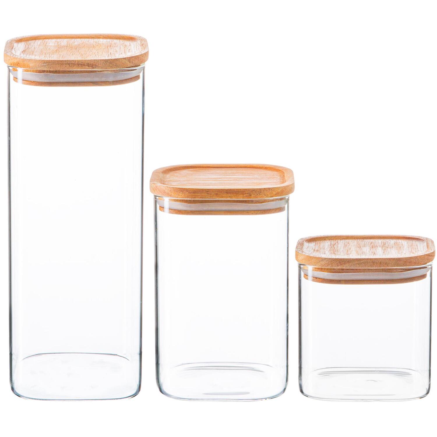 3 Piece Square Glass Storage Jars Set with Wooden Lids