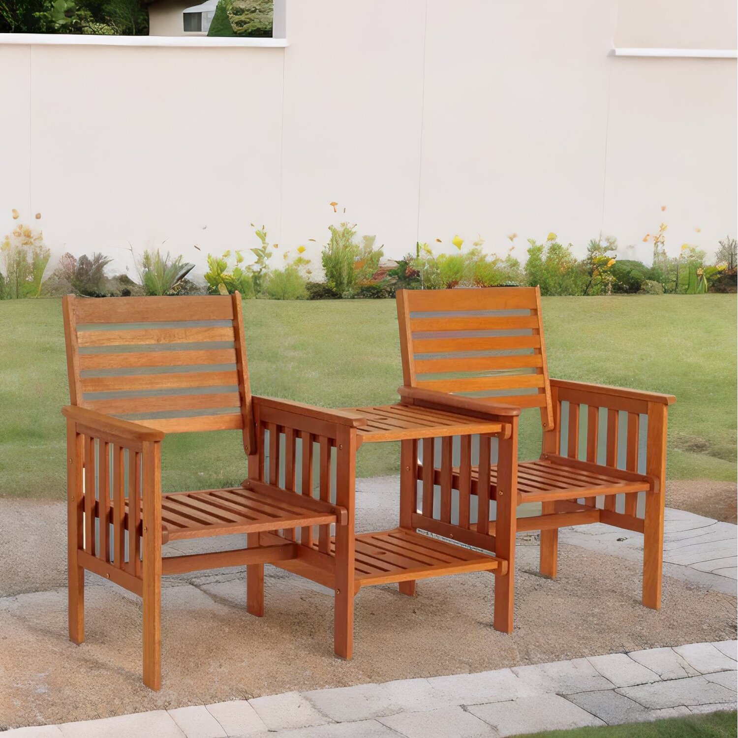 Wooden 2 Seater Outdoor Bench With 2 Tier Table Love Seat