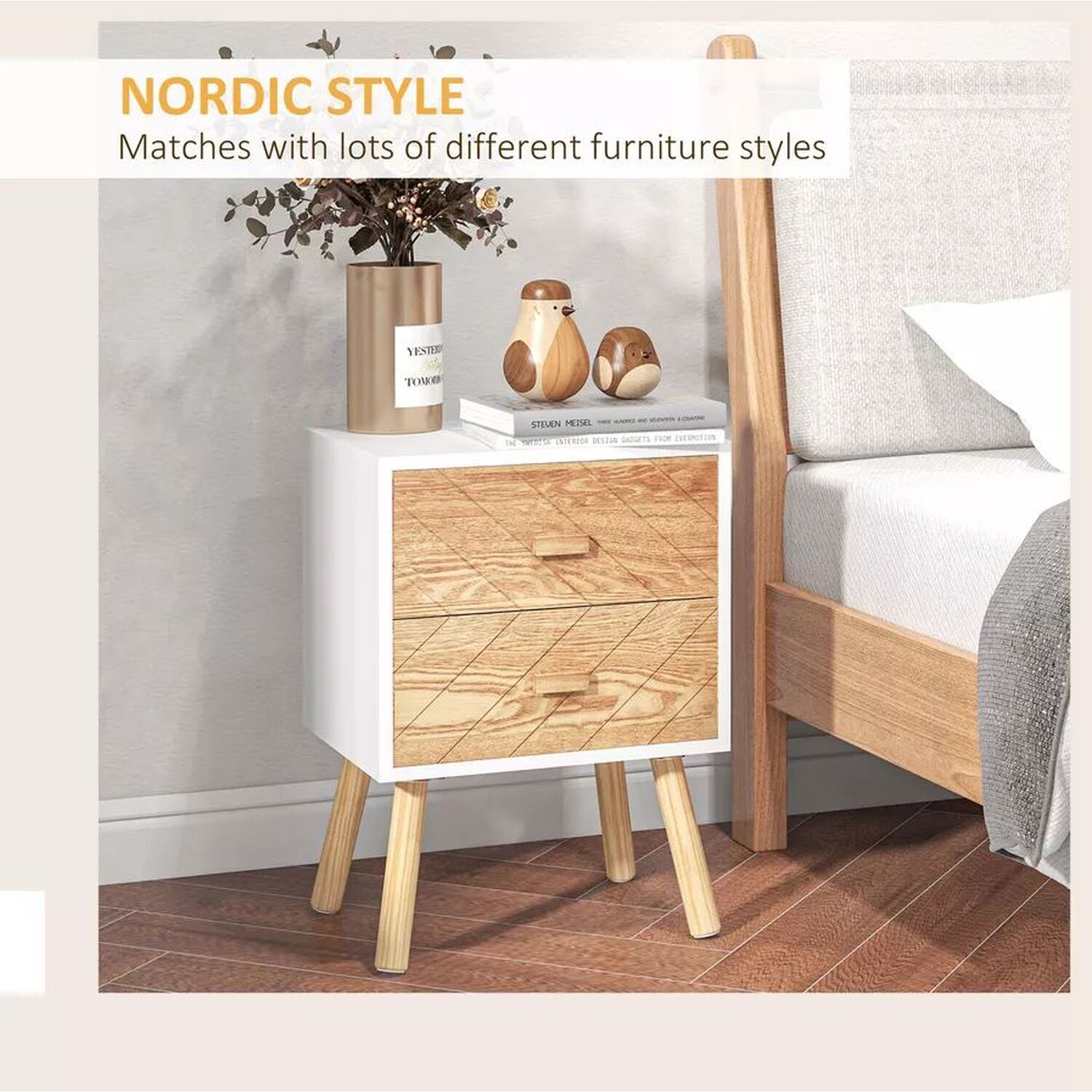 Wooden Chevron Bedside Table With 2 Drawers