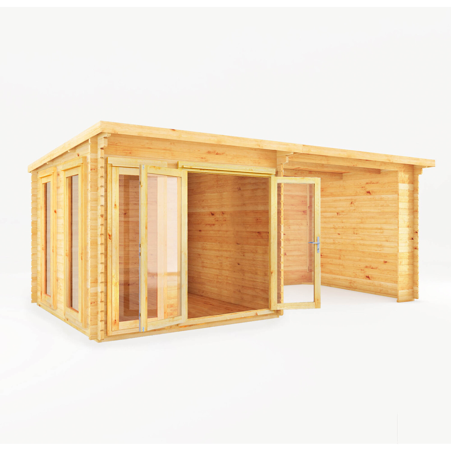 6m x 3m Wooden Log Cabin Studio with Patio Area Pent Roof - 28mm Thickness