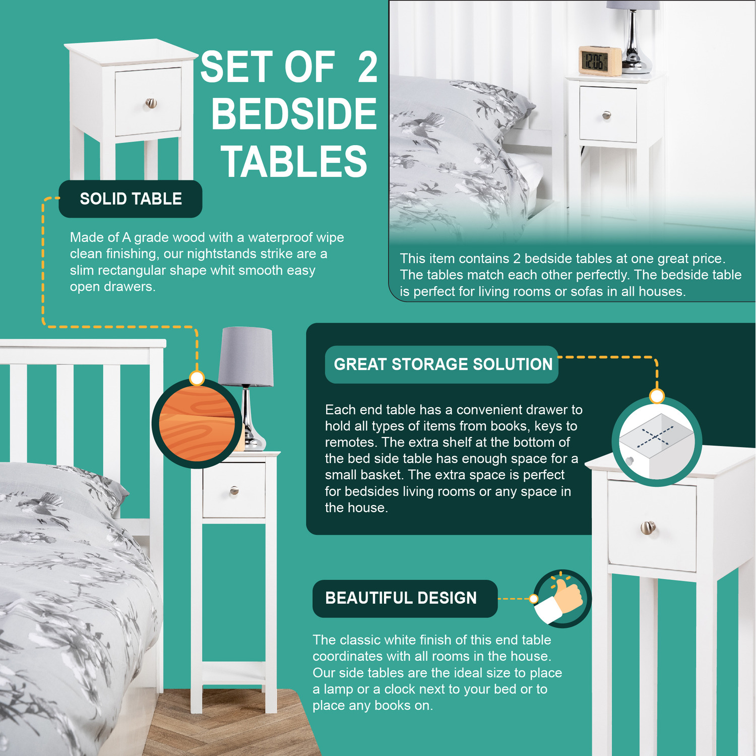 Slim Bedside Table Set of 2 Nightstand Narrow Side Table
