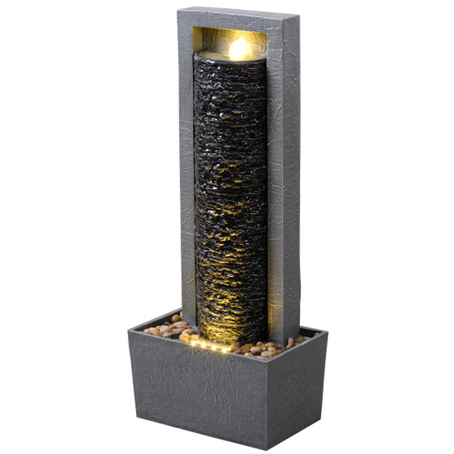 Outdoor Garden Column Water Fountain with LED Lights, Layered Rock ...