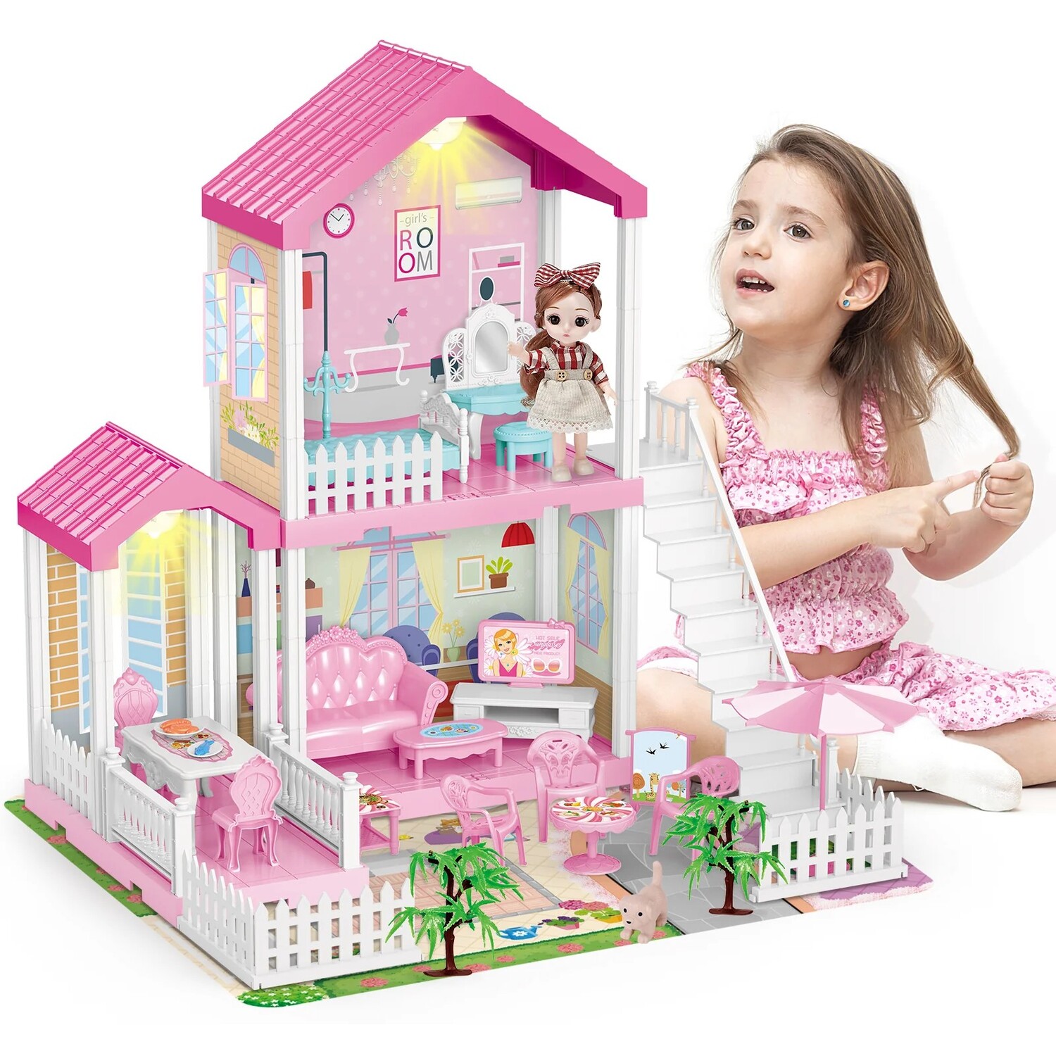 Dollhouse 2 Story 3 Room House with Lights Mat Doll House Furniture