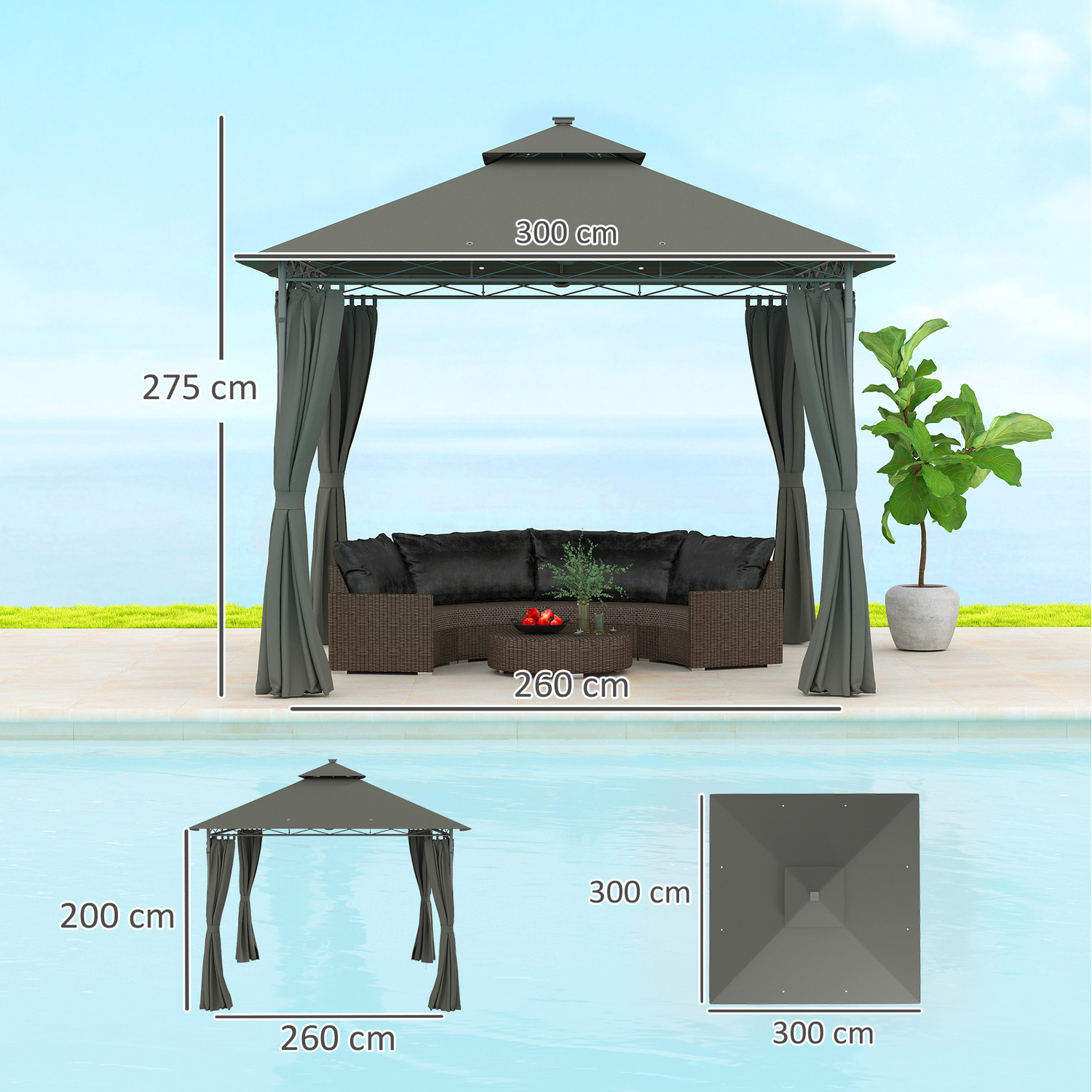 Outsunny 3 x 3 m Double Roof Garden Gazebo with Curtains