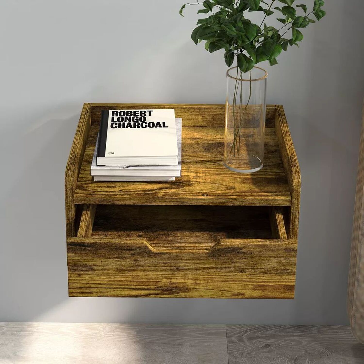 Wooden Pair of Floating Bedside Tables With Drawer