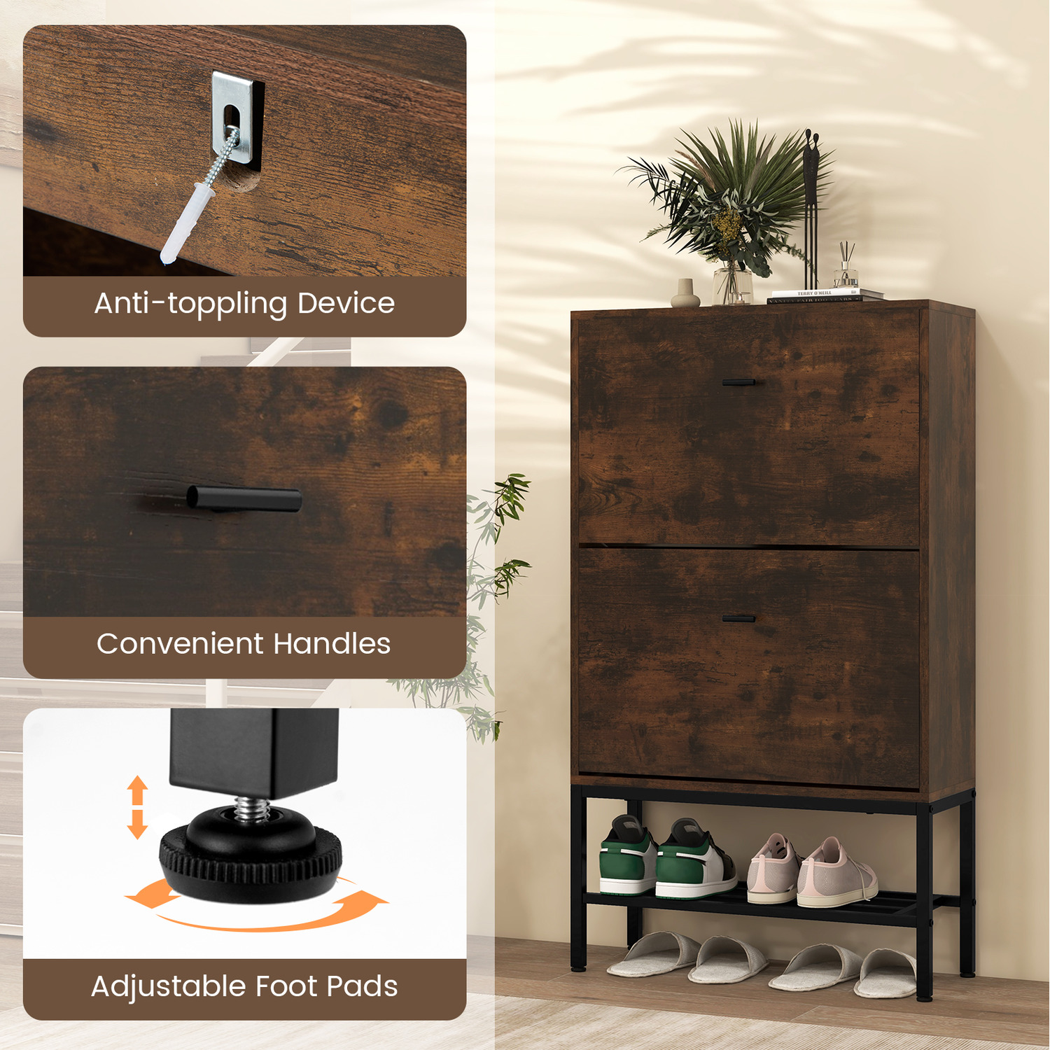 Industrial Shoe Storage Cabinet with 2 Flip Drawers