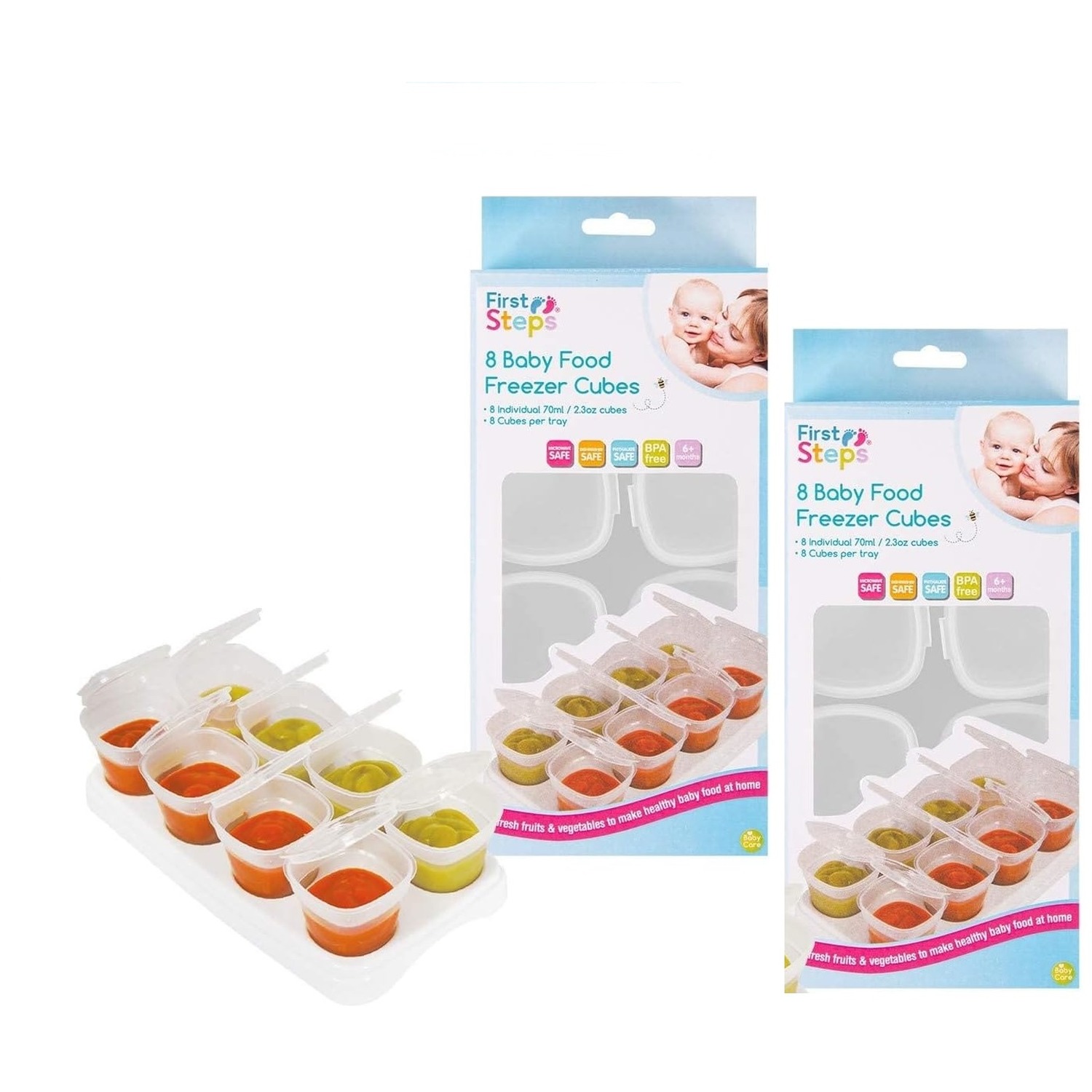 8 Baby Weaning Food Freezer Cubes Storage Pots Containers 70ml with Tray