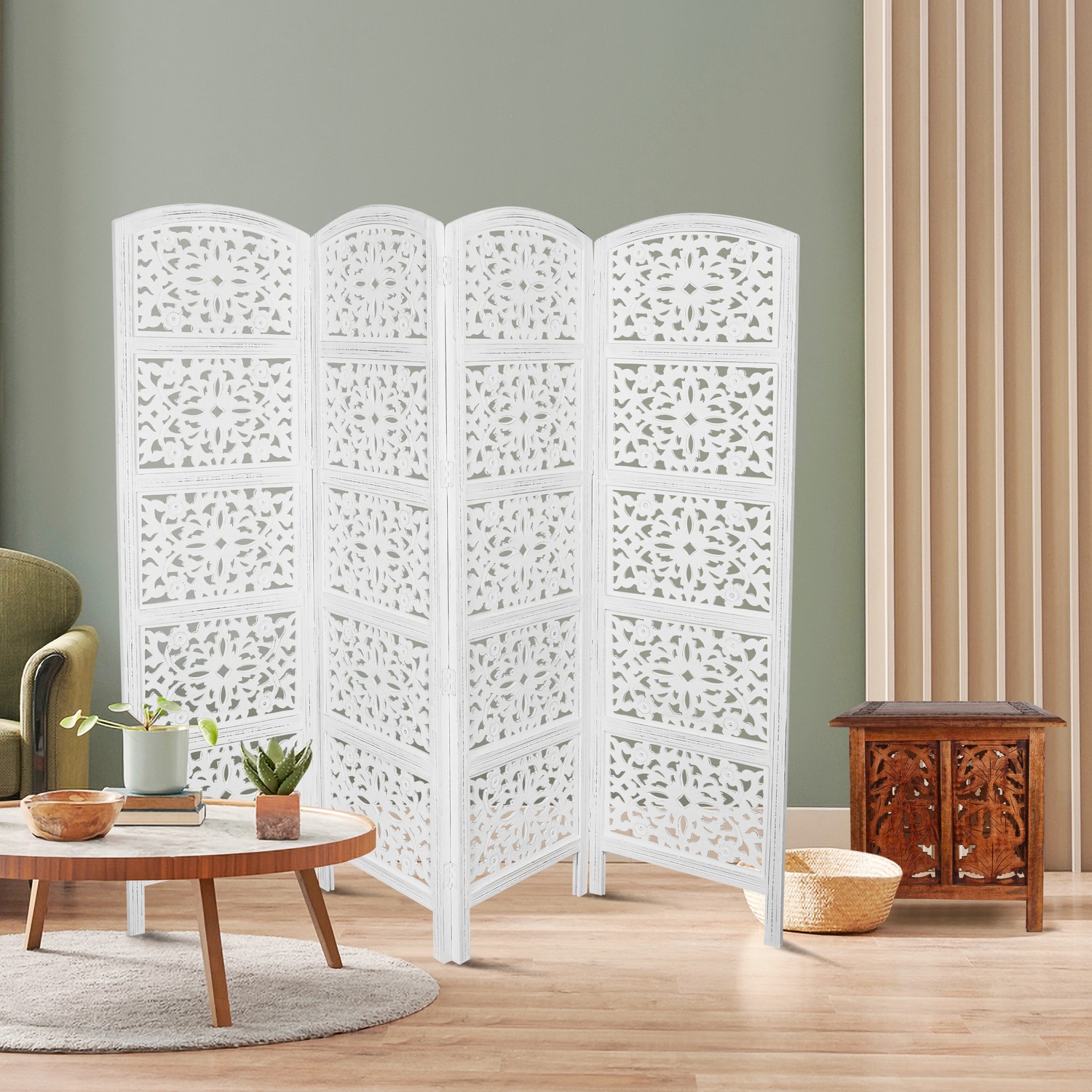 4 Panel Heavy Carved Wooden Room Divider Screen Flower