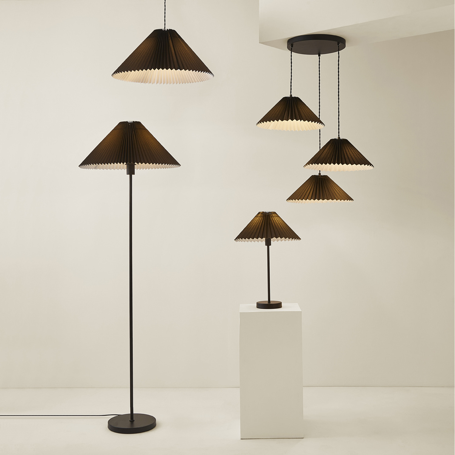 Akira Fabric Pleated Triple Drop Ceiling Pendant Light