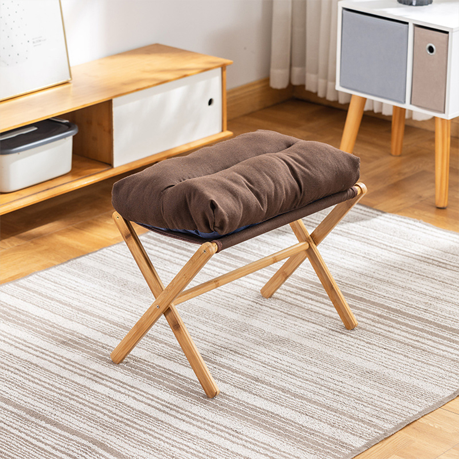 Padded Footstool with Bamboo Legs