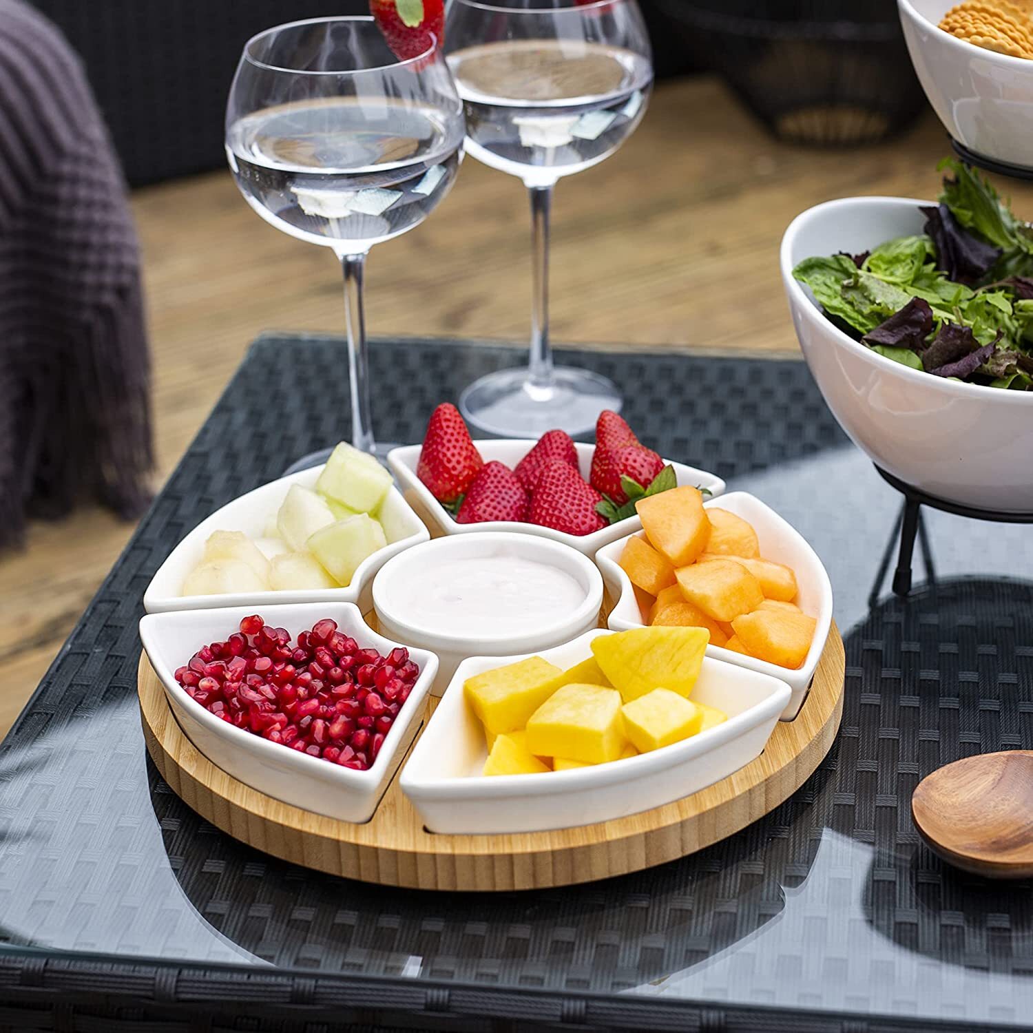 Bamboo Rotating Dip Set and Ceramic Dishes