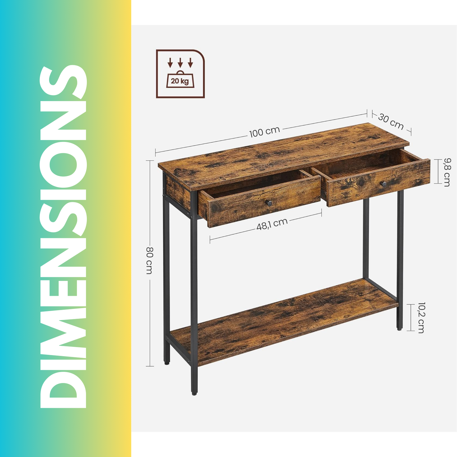 2 Tier Slim Console Table With 2 Drawers Industrial Furniture
