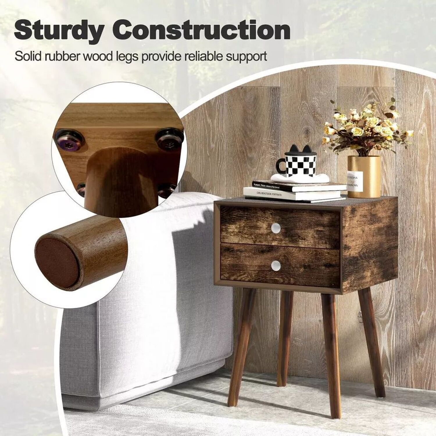 Rustic Wooden Bedside Table with Drawers