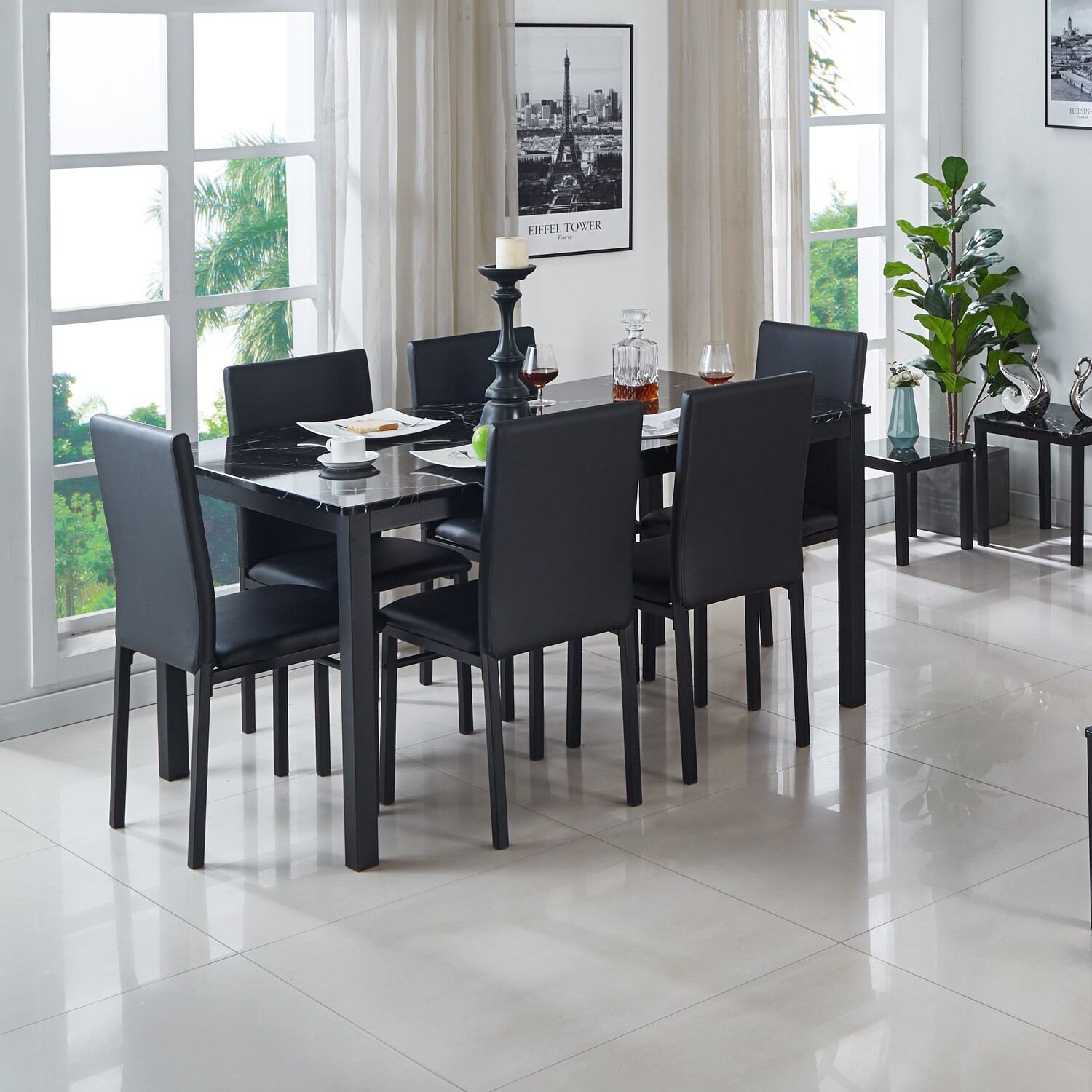 Black Marble Effect Dining Table with 6 Chairs