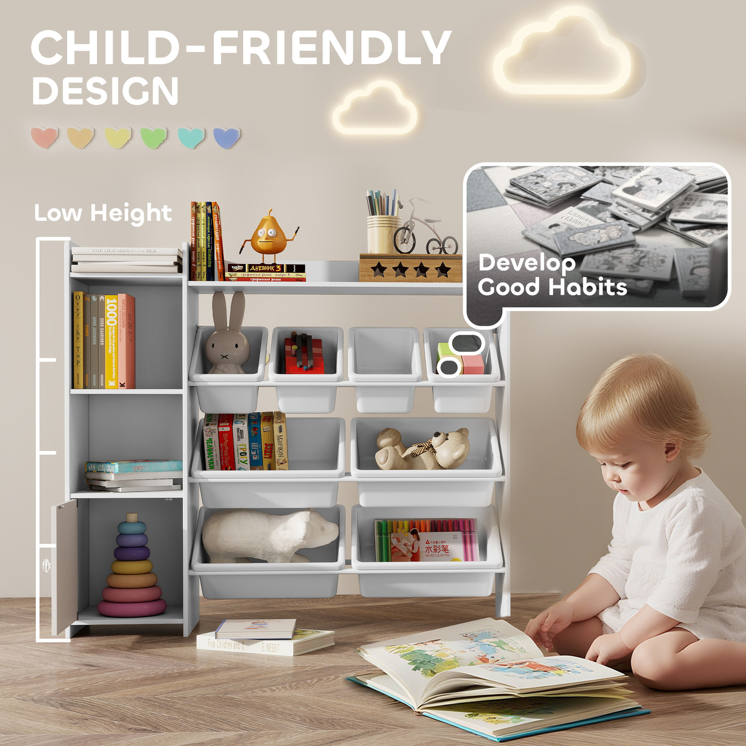 AIYAPLAY Toy Storage Unit with 8 Storage Shelves Cabinet