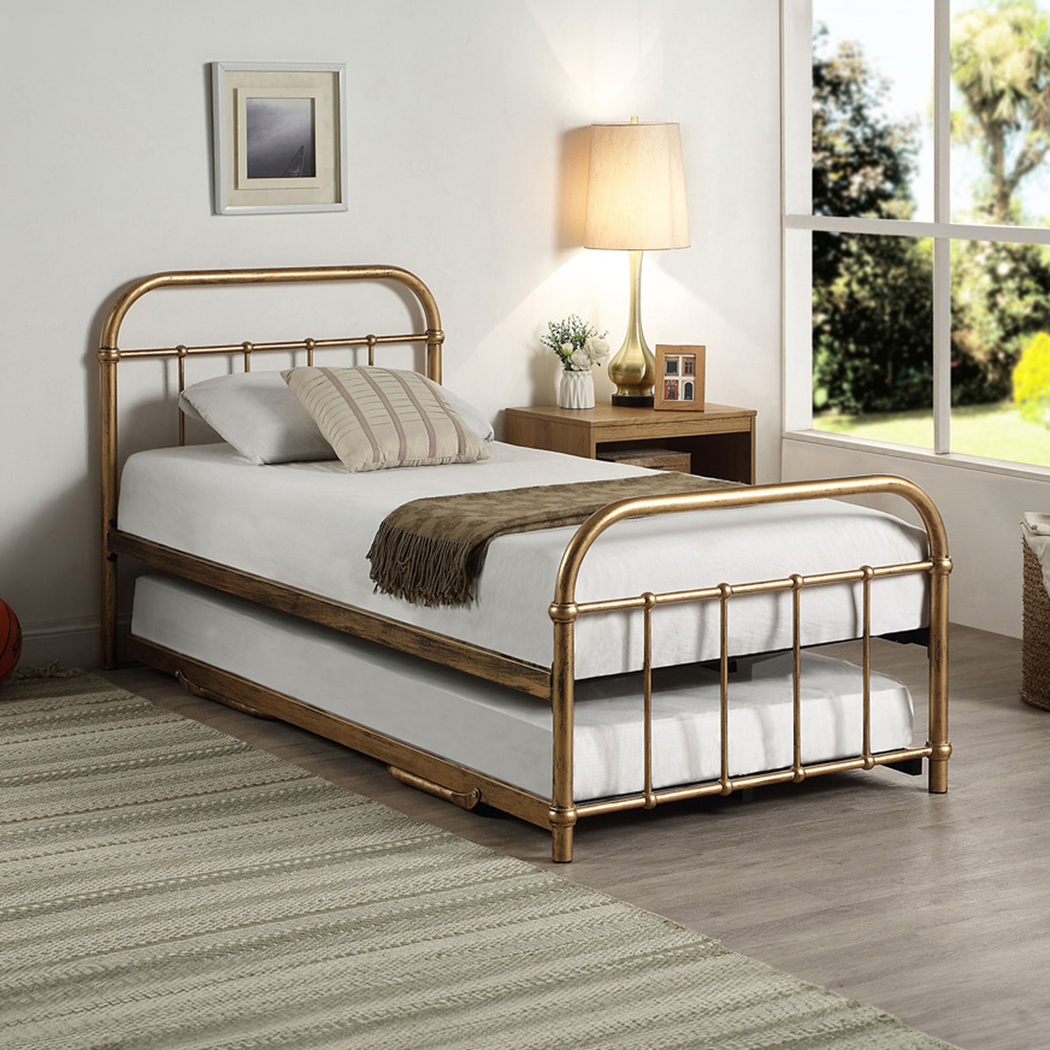Tewin Vintage Hospital Style Single Metal Bed Frame with Guest Trundle