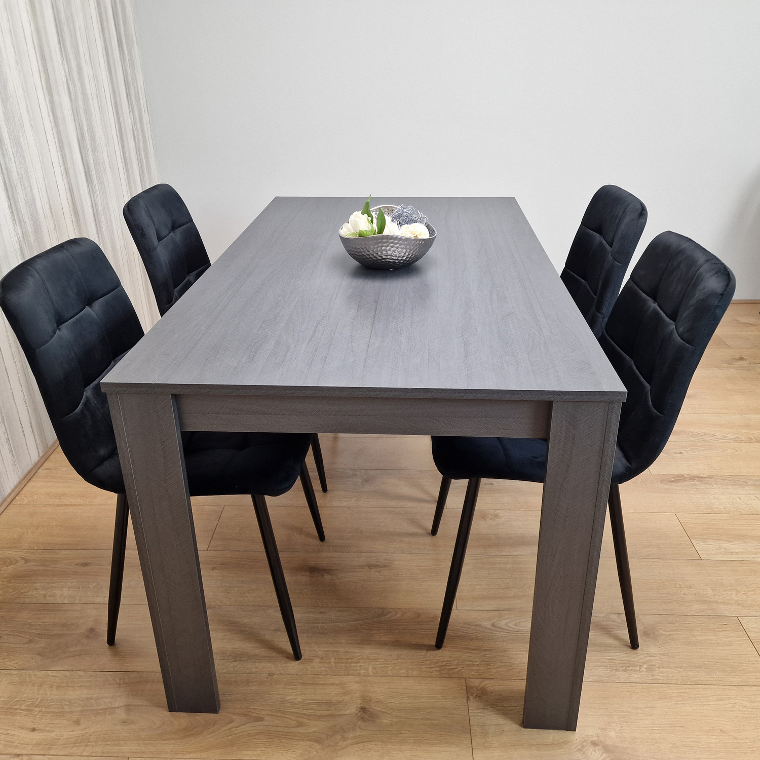 Dark Grey Dining Table Set With 4 Black Velvet Tufted Chairs