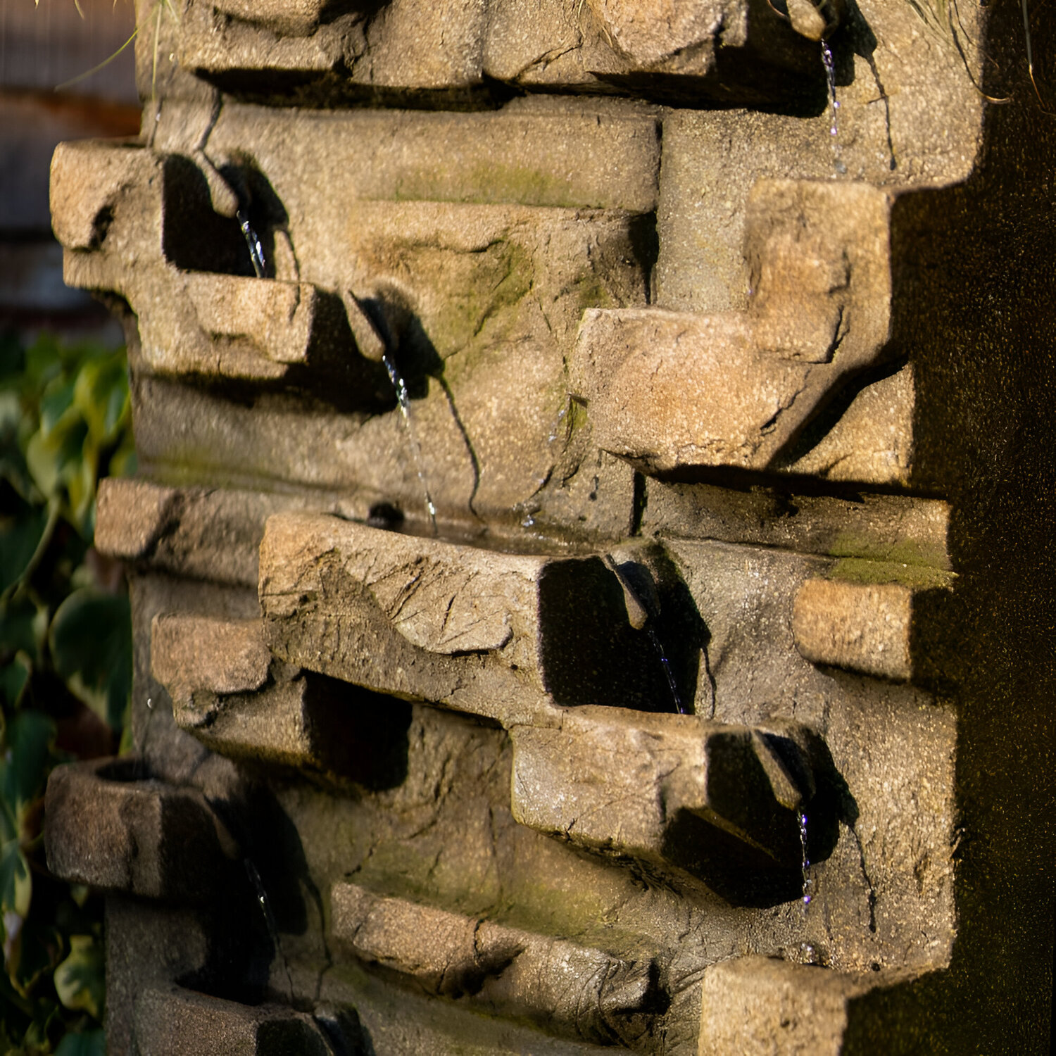 Stone Tiered Water Wall and Planter with LED Lights