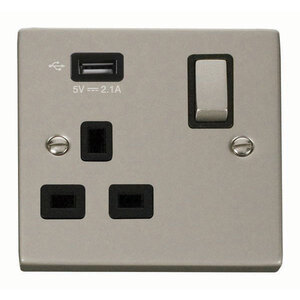 Pearl Nickel 1 Gang 13A DP Ingot 1 USB Switched Plug Socket