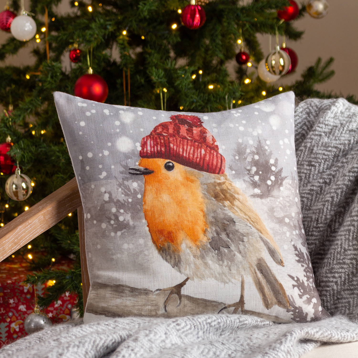 Snowy Robin With Hat Robin Polyester Filled Cushion