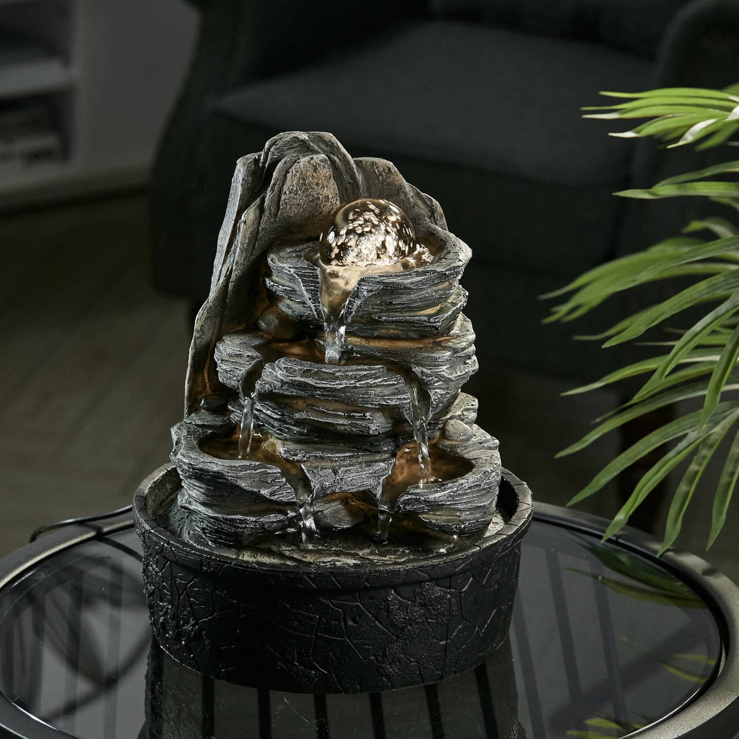 Layered Rock Effect Desktop Water Feature with LED Crystal Ball