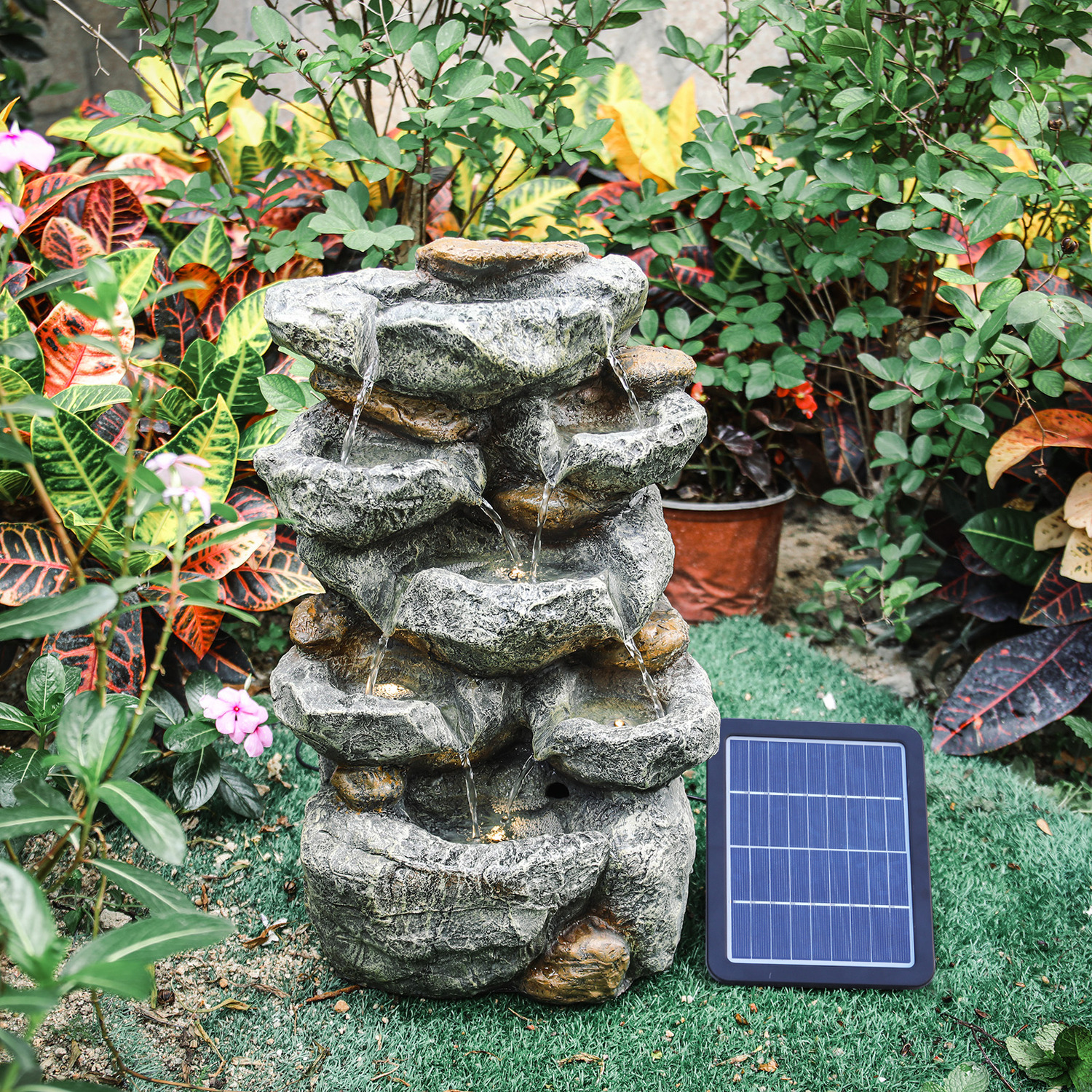 Solar-Powered Multi-Tier Rock Design Water Feature