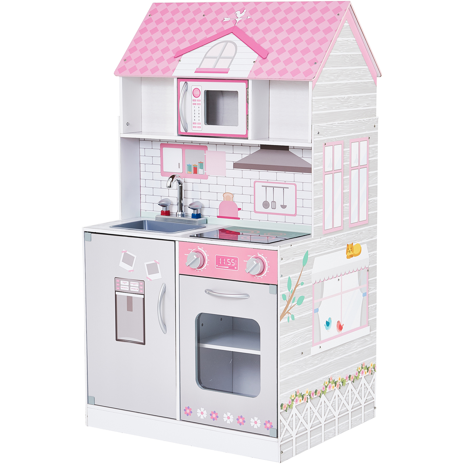 Teamson Kids Ariel 2-in-1 Play Kitchen and Dollhouse with Accessories, Pink