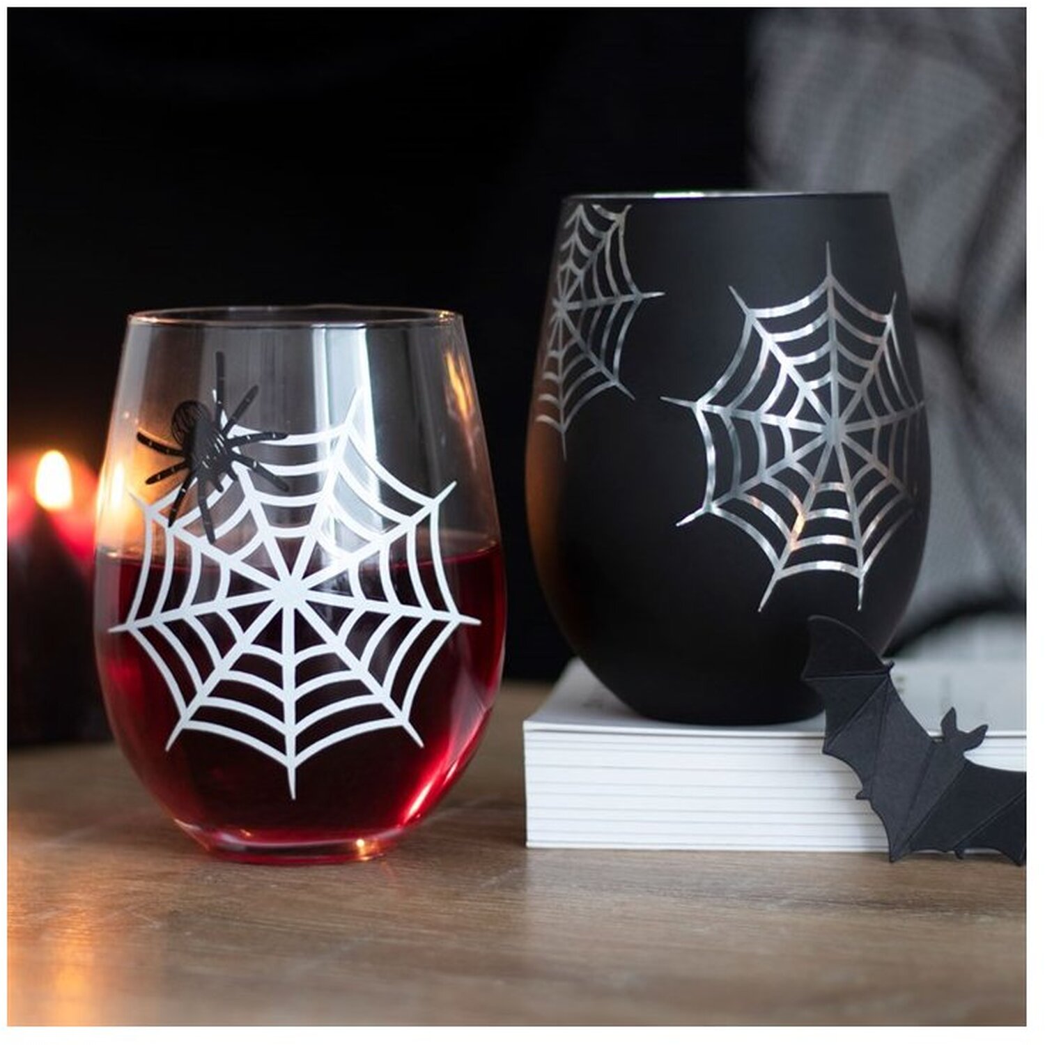 Set of 2 Spider and Web Stemless Wine Glasses