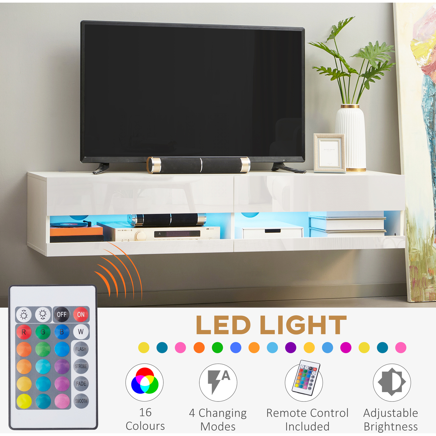 HOMCOM Floating TV Unit Cabinet with High Gloss Effect and LED Lights