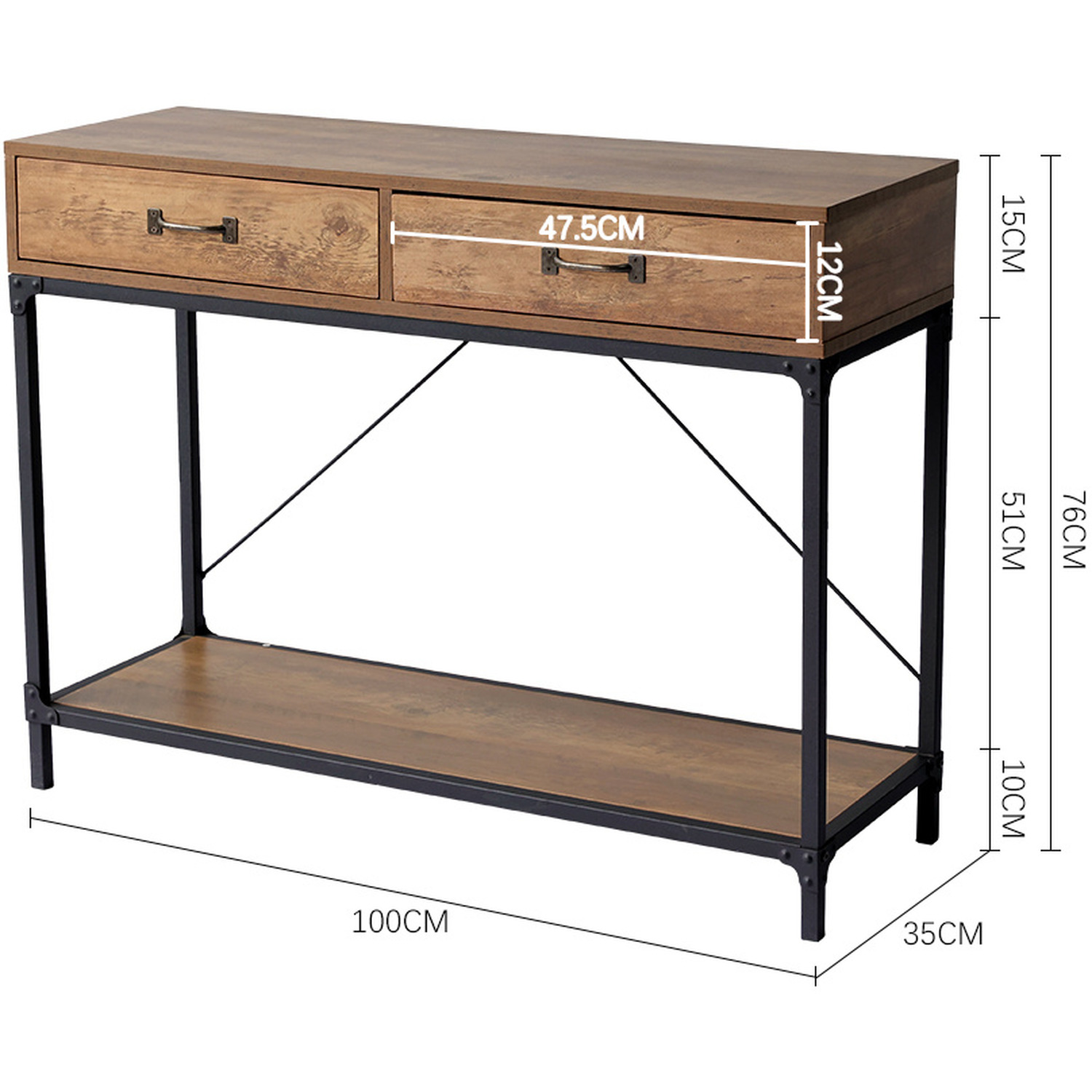 Industrial Wood Metal Side Table with Drawers