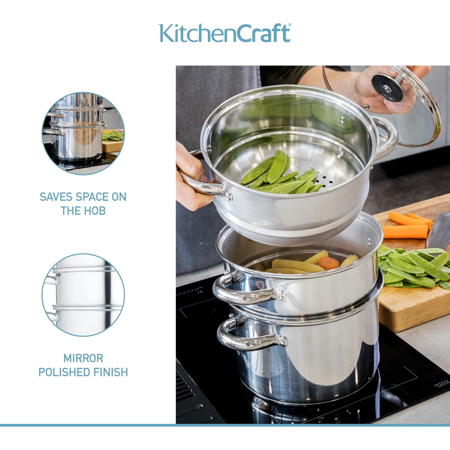 KitchenCraft Stainless Steel Three Tier Steamer, 22cm