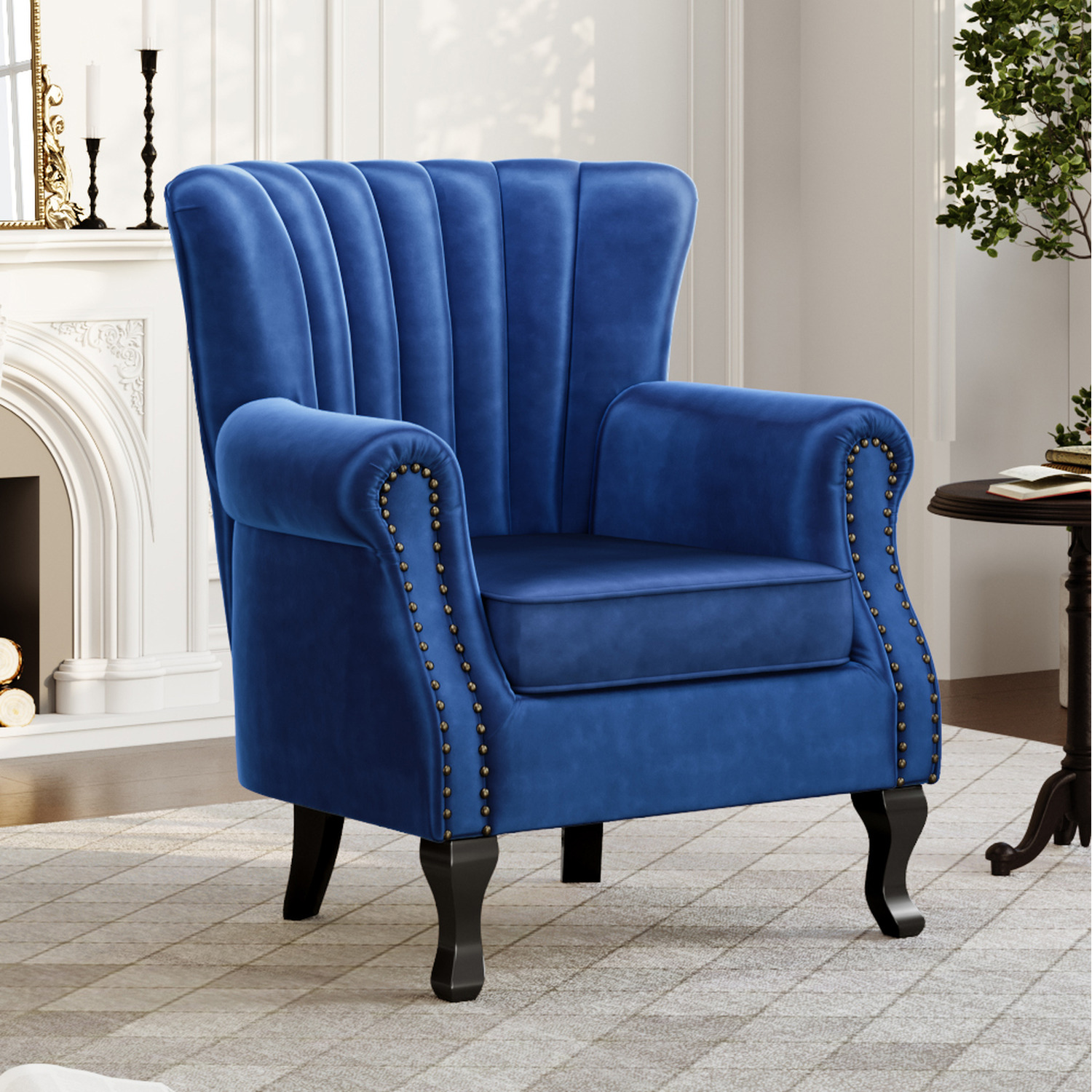 Velvet Armchair with Wingback and Studs Details