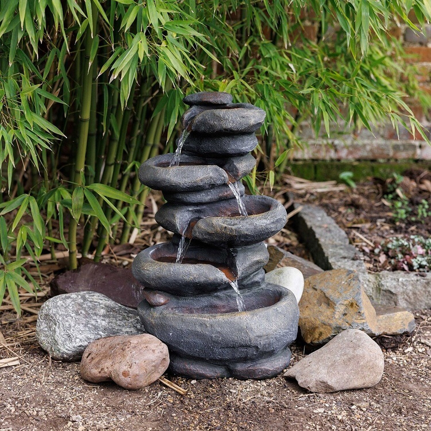 57cm Solar 4 Tier Stacked Boulder Cascading Water Feature with LED Lights