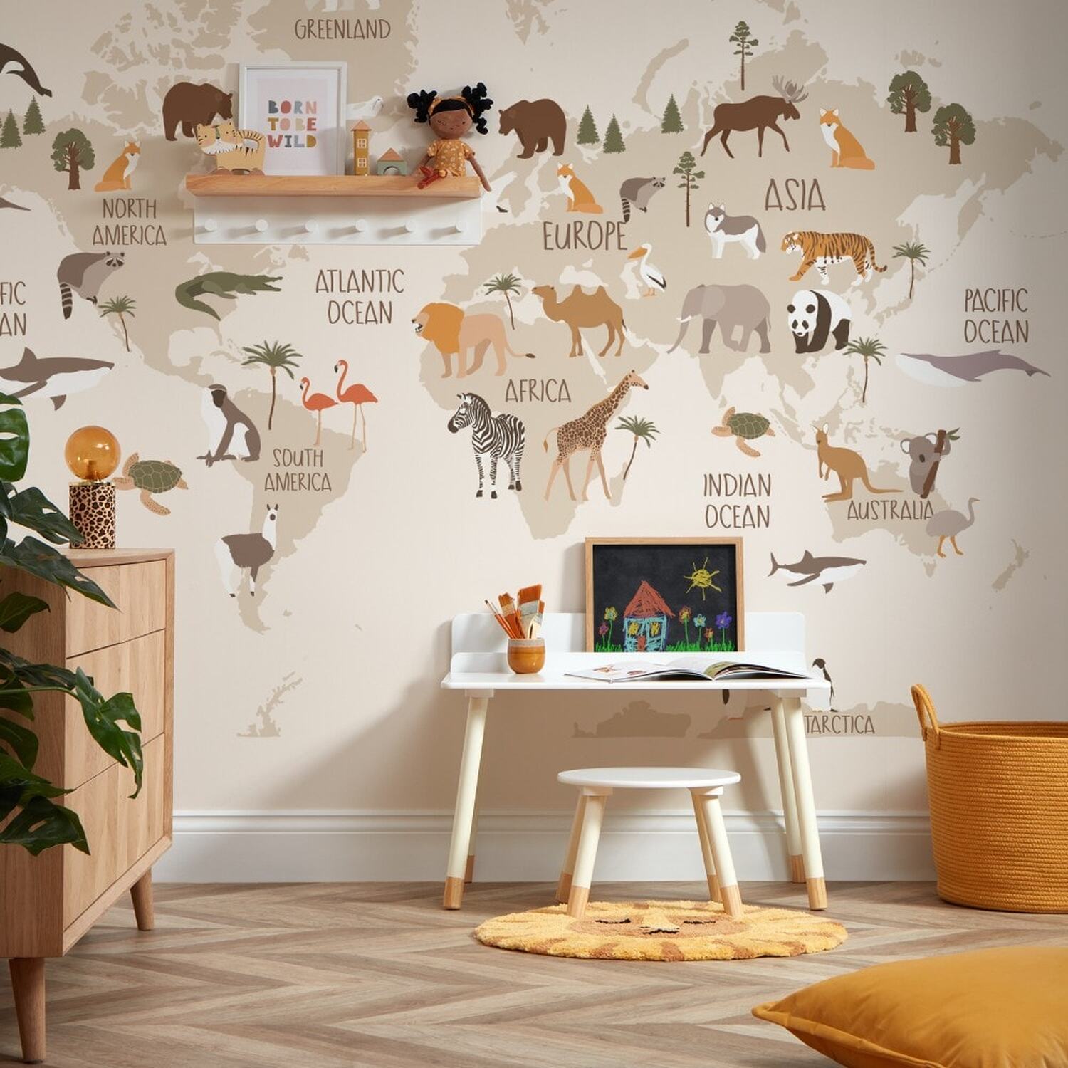 Scandi Safari Map Mural Natural