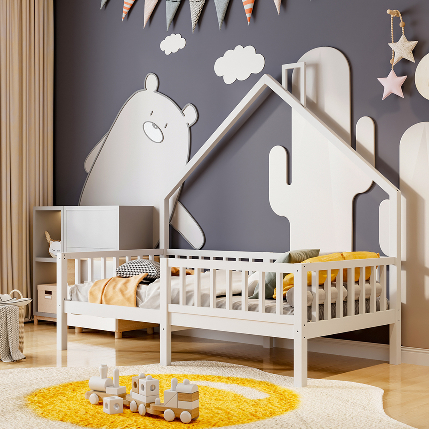 White Solid Pine Wood Kids Toddler Safety Bed