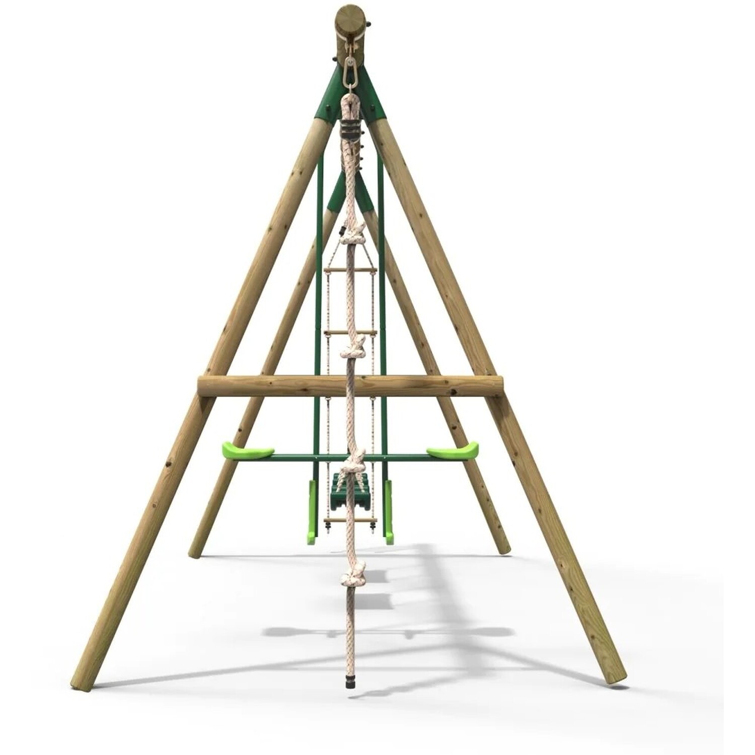 Wooden Triple Swing Set with Glider, Climbing Ladder and Rope - Saturn