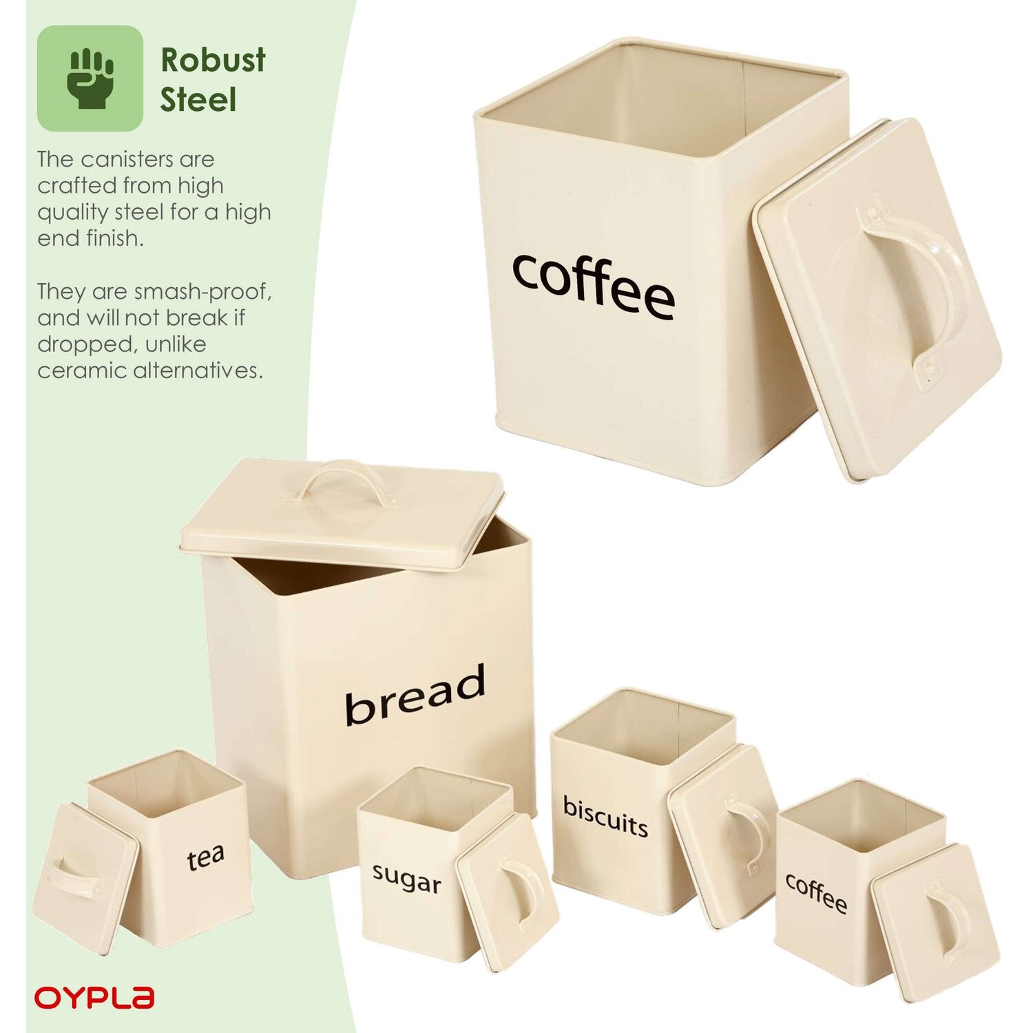 5 Piece Cream Kitchen Canister Storage Tin Set