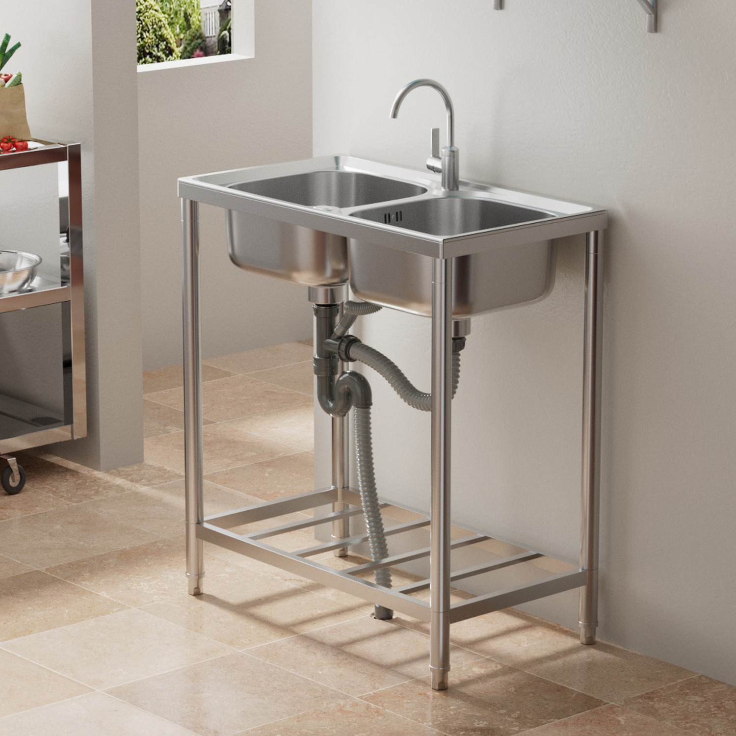 Freestanding Double Sink Kitchen Sink with Two Tap Holes