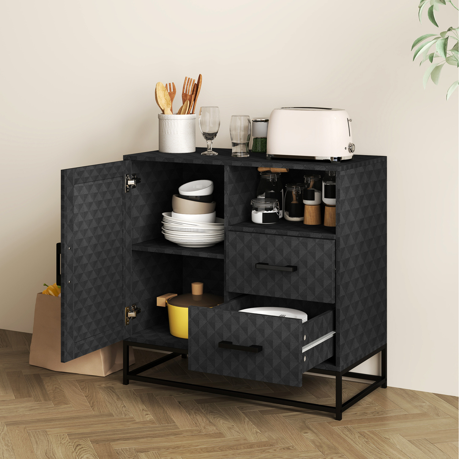 HOMCOM Sideboard Cabinet with Adjustable Shelf and Open Compartment
