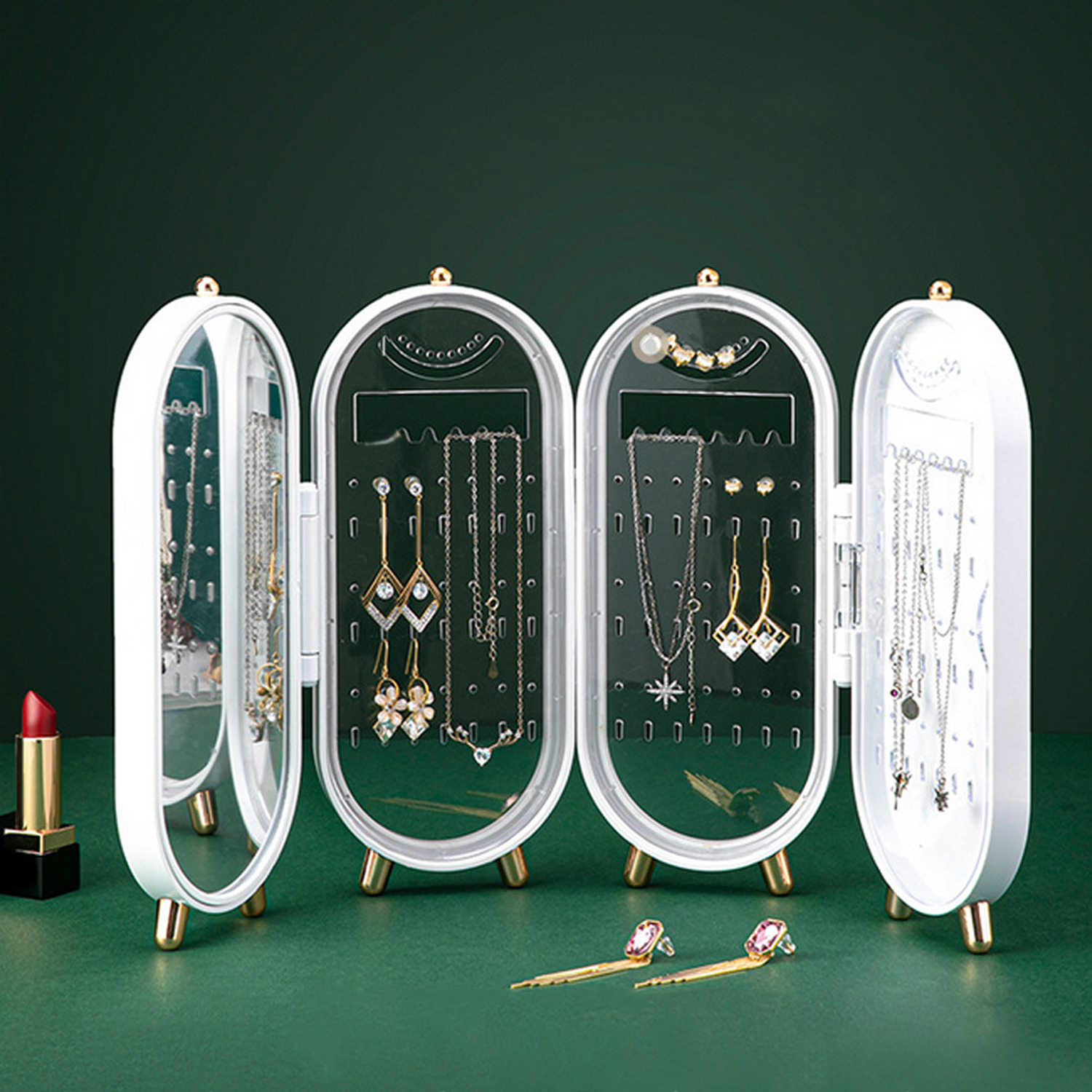 Foldable Screen Jewelry Storage Stand With Mirror Hanging Bracelet Rack