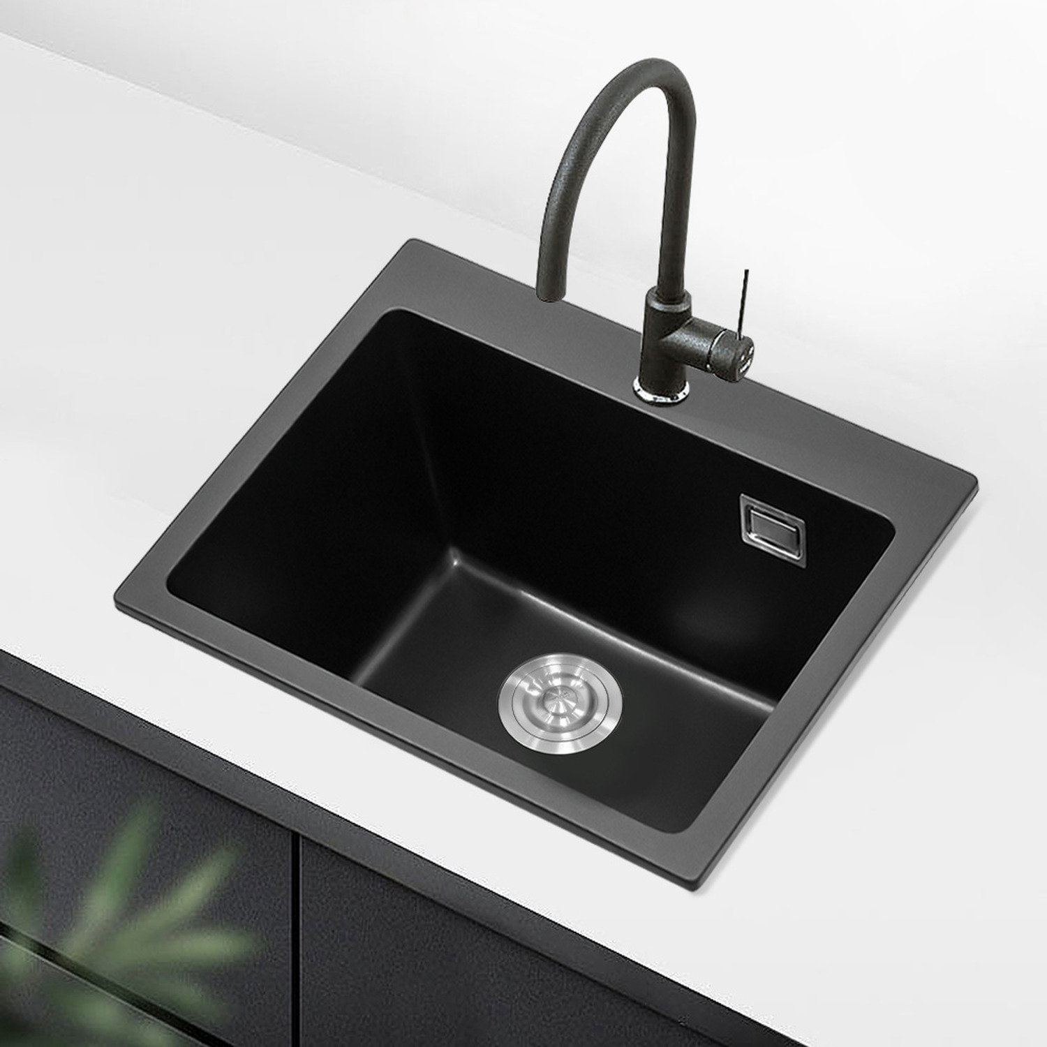Kitchen Sink Square Wash Basin Single Bowl With Stainless Steel Strainer