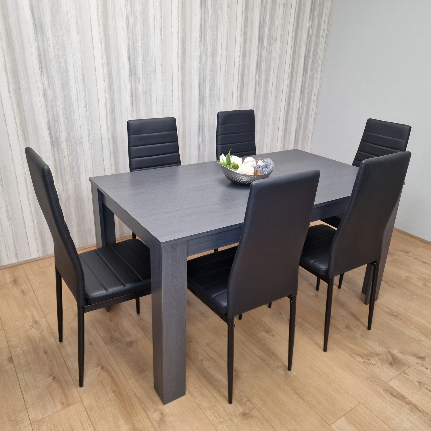 Dark Grey Dining Table Set with 4 Black Faux Leather Stitched Chairs