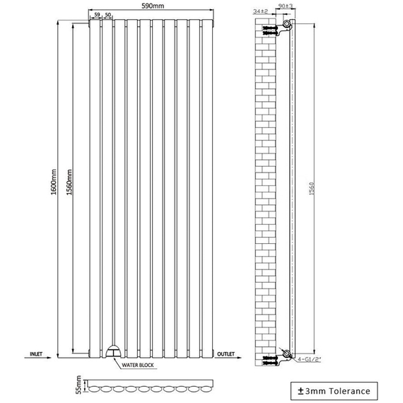 Oval Single Panel Vertical Radiator Anthracite 1600mm Tall